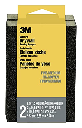 3M Drywall Sanding Sponge, Dual Grit Block, 2 5/8 in x 3 3/4 in x 1 in, Fine/Medium, 2-Pack