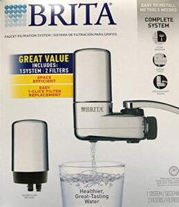 brita chrome faucet mount filtration system, includes 1 system and 2 filters.