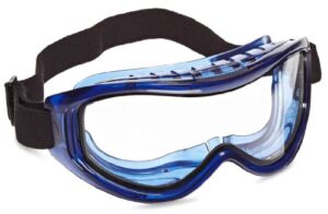 sellstrom safety goggles – odyssey ii eye protection, s80200, anti fog, scratch resistant, latex free protective eye shield for men and women with dual panel clear lens, blue frame