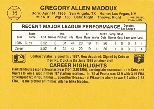 1987 Donruss Baseball #36 Greg Maddux Rookie Card