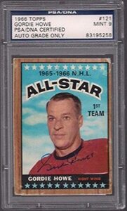 gordie howe signed topps 1966 red wings card #121 psa/dna auto mint 9 - autographed hockey cards