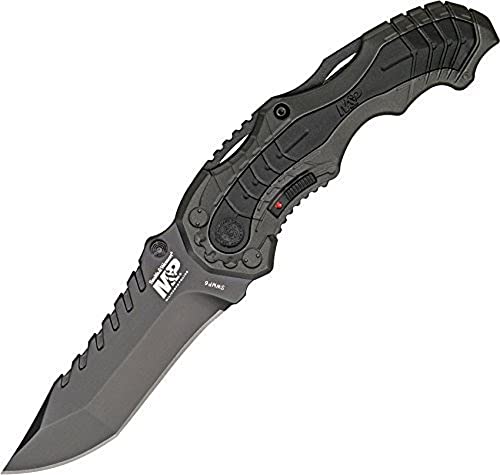 Smith & Wesson SWMP6 7.7in High Carbon S.S. Assisted Folding Knife with 3.4in Clip Point Blade and Aluminum Handle for Outdoor, Tactical, Survival and EDC,Gray