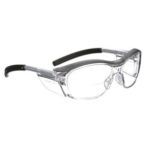 3m safety glasses with readers, nuvo readers, +2.0 diopter, ansi z87, clear lens, gray frame, soft nose bridge, side shields