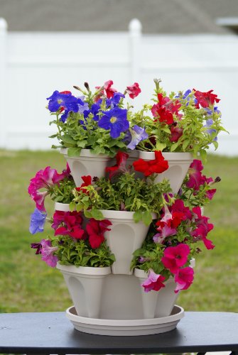 3 Tier Stackable Herb Garden Planter Set with Bottom Saucer - Stone Color - Vertical Container Pots for Herbs, Strawberries, Flowers