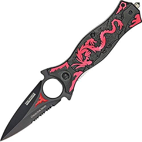 Tac-Force- Spring Assisted Folding Pocket Knife – Black Partially Serrated Blade, Black Aluminum Handle w/ Red Dragon Design, Glass Punch and Pocket Clip, Tactical, EDC, Rescue - TF-707RD