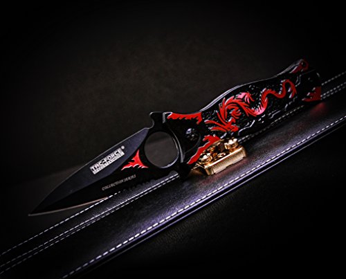 Tac-Force- Spring Assisted Folding Pocket Knife – Black Partially Serrated Blade, Black Aluminum Handle w/ Red Dragon Design, Glass Punch and Pocket Clip, Tactical, EDC, Rescue - TF-707RD