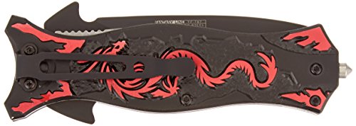 Tac-Force- Spring Assisted Folding Pocket Knife – Black Partially Serrated Blade, Black Aluminum Handle w/ Red Dragon Design, Glass Punch and Pocket Clip, Tactical, EDC, Rescue - TF-707RD