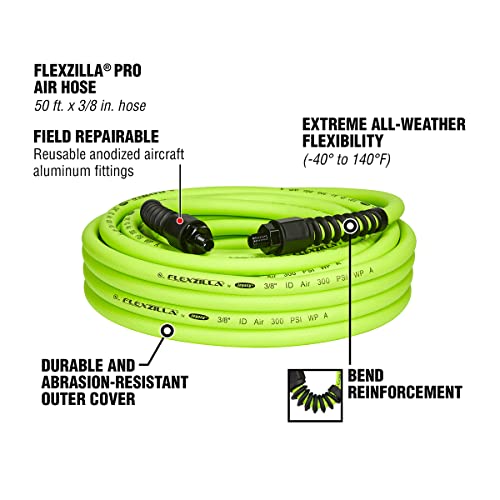 Flexzilla Pro Air Hose, 3/8 in. x 50 ft., Heavy Duty, Lightweight, Hybrid, ZillaGreen - HFZP3850YW2