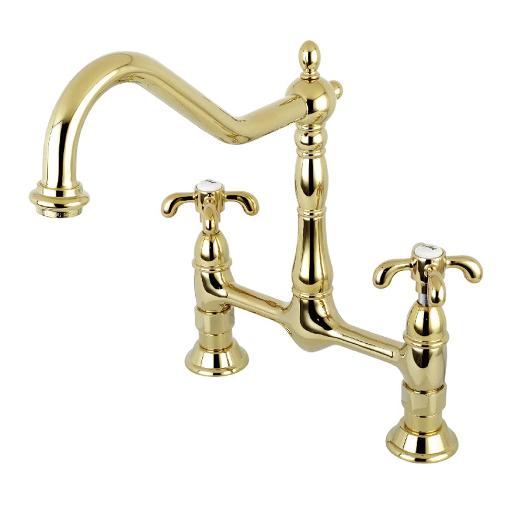 Kingston Brass KS1172TX French Country Bridge Kitchen Faucet, Polished Brass, 13 x 8 x 2.13