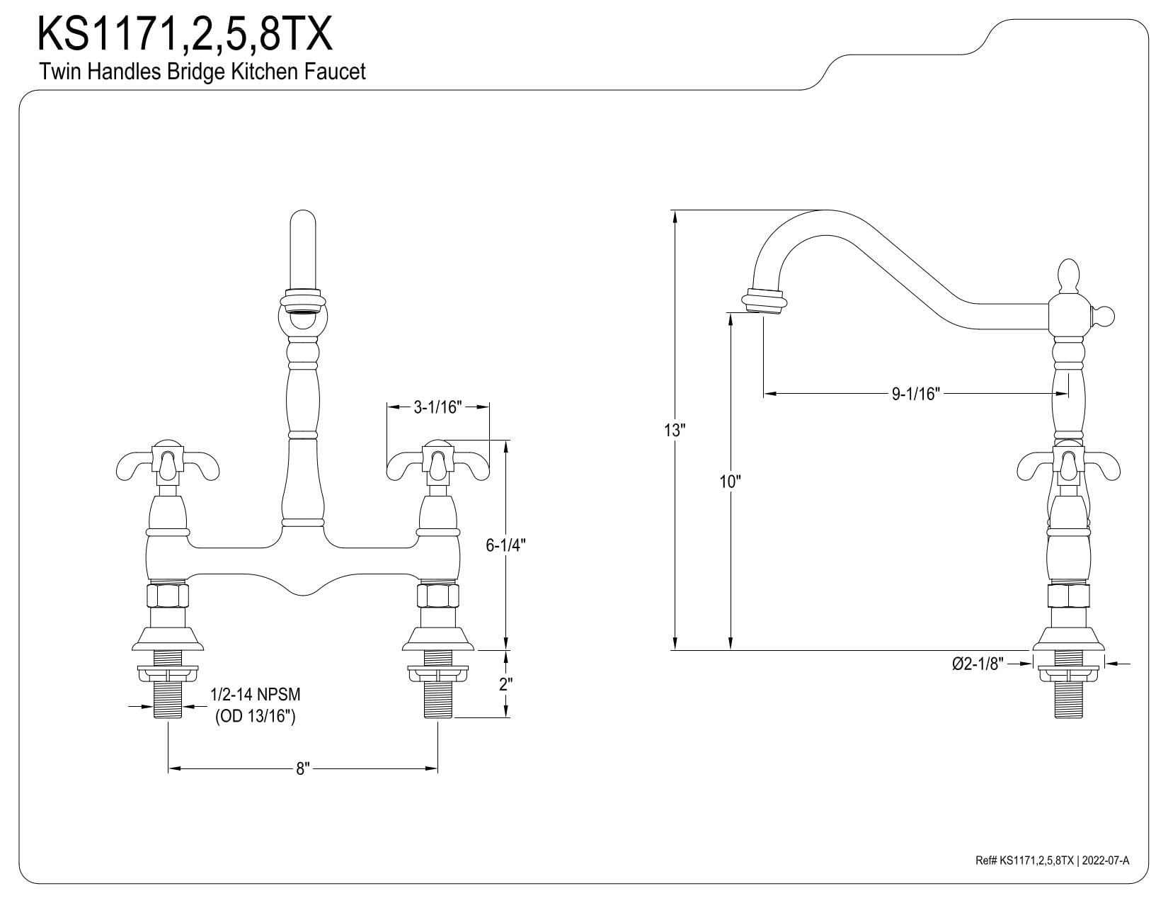 Kingston Brass KS1172TX French Country Bridge Kitchen Faucet, Polished Brass, 13 x 8 x 2.13