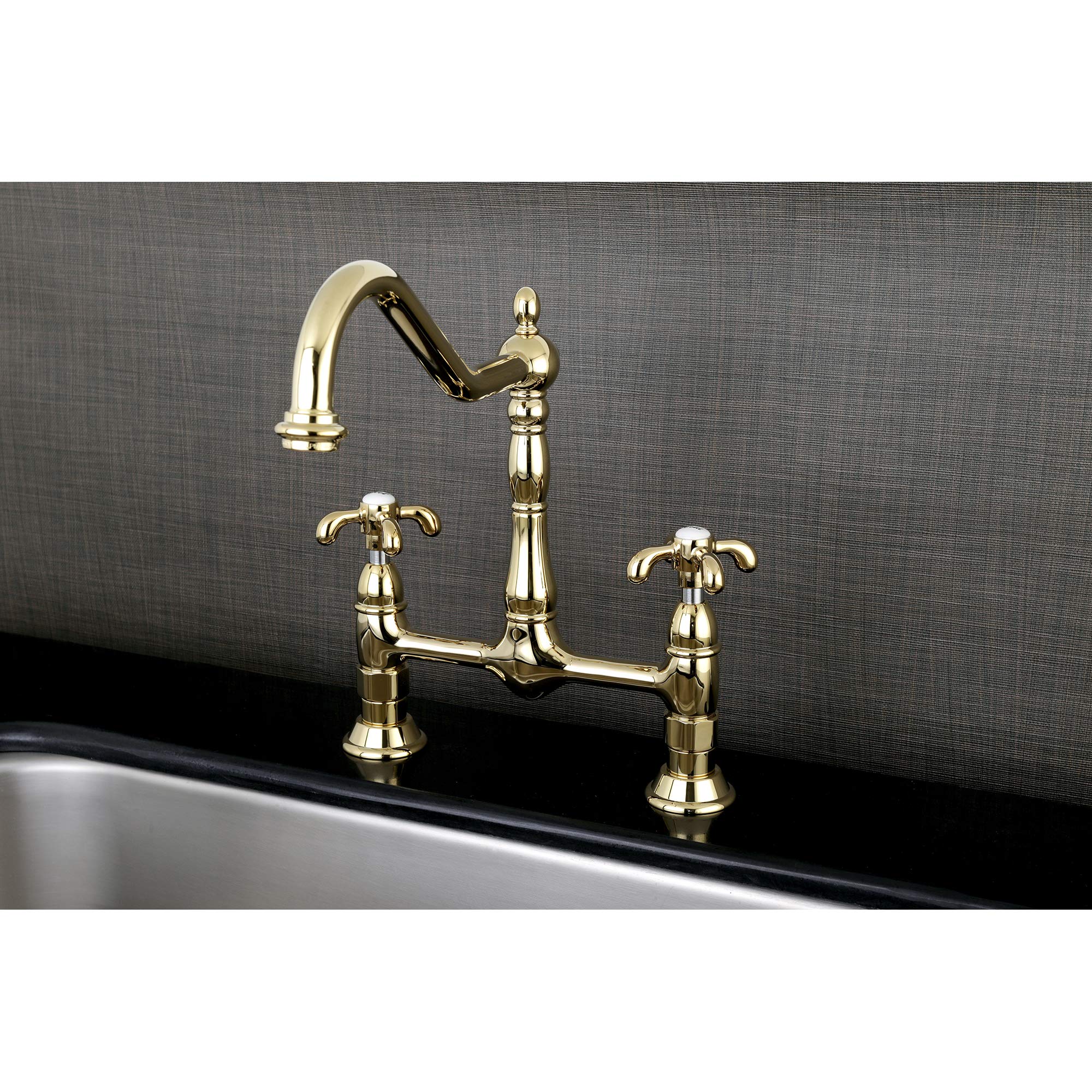 Kingston Brass KS1172TX French Country Bridge Kitchen Faucet, Polished Brass, 13 x 8 x 2.13