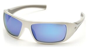 pyramex goliath safety eyewear, white frame, ice blue mirror lens