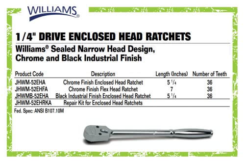 Williams M-52EHFA 1/4-Inch Drive Ratchet, Enclosed Flexible Head, High Polished Chrome