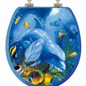 TOPSEAT 3D Ocean Series Round Toilet Seat w/Chromed Metal Hinges, Wood, Dolphin Family