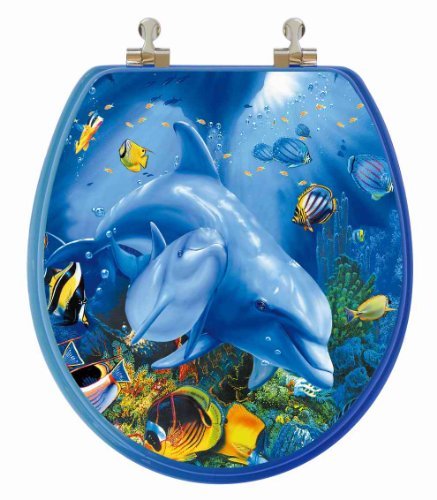 TOPSEAT 3D Ocean Series Round Toilet Seat w/Chromed Metal Hinges, Wood, Dolphin Family