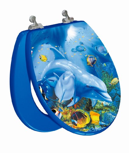 TOPSEAT 3D Ocean Series Round Toilet Seat w/Chromed Metal Hinges, Wood, Dolphin Family