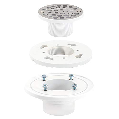 EZ-FLO 2 Inch x 3 Inch PVC Low Profile Floor & Shower Drain, Stainless Steel Grid, 15301, White