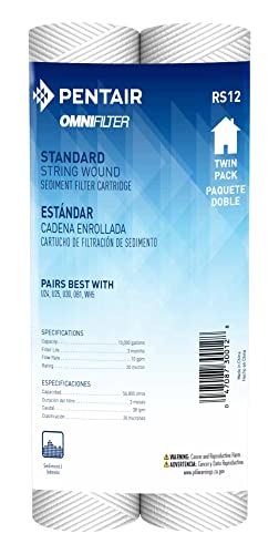 Pentair OMNIFilter RS12 Sediment Water Filter, 10-Inch, Standard Whole House String Wound Sediment Replacement Filter Cartridge, 10" x 2.5", 20 Micron, Pack of 2