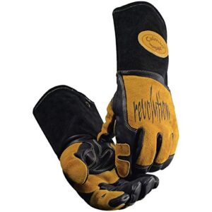 caiman premium top grain cowhide leather mig/stick welder's glove with flame resistant fleece, laminated foam insulation, cool-design, tuff-steer, kevlar, black/gold, x-large (1832-6)