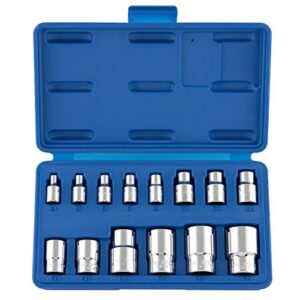 neiko 04300a e-torx socket set, 14 piece, external torx socket, e4 to e24, 1/4”, 3/8” and 1/2” drive, female star external torx, inverted torx socket set, cr-v steel