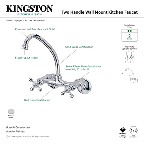 Kingston Brass KS214M High Arch Spout for Wall Mount Kitchen Faucet with Metal Cross Handle, Polished Chrome,6-5/8 inch spout reach