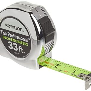 Komelon 433IEHV High-Visibility Professional Tape Measure both Inch and Engineer Scale Printed 33-feet by 1-Inch, Chrome