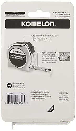 Komelon 433IEHV High-Visibility Professional Tape Measure both Inch and Engineer Scale Printed 33-feet by 1-Inch, Chrome