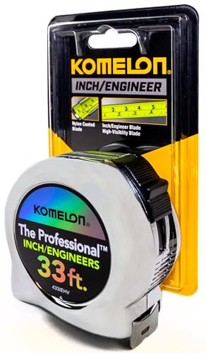 Komelon 433IEHV High-Visibility Professional Tape Measure both Inch and Engineer Scale Printed 33-feet by 1-Inch, Chrome