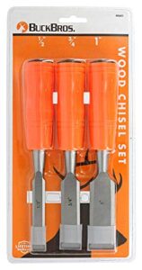 buck brothers 120203k 3-piece wood chisel set with acetate handles | 1/2 inch, 3/4 inch, 1 inch chisels included | carve, cut, and shape wood, install windows and doors | carpentry tools,orange