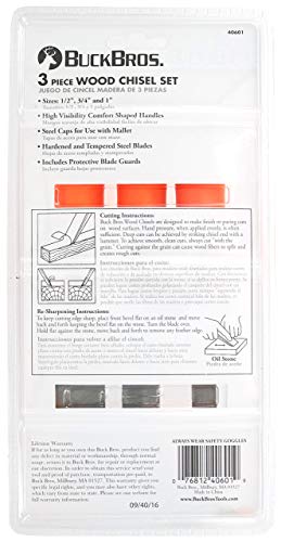 Buck Brothers 120203K 3-Piece Wood Chisel Set With Acetate Handles | 1/2 Inch, 3/4 Inch, 1 Inch Chisels Included | Carve, Cut, and Shape Wood, Install Windows and Doors | Carpentry Tools,Orange