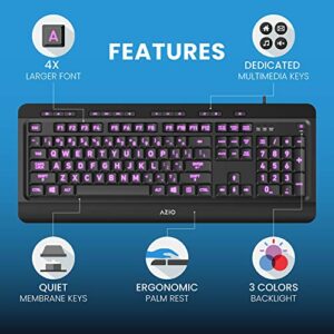 Azio Large Print Keyboard - USB Computer Keyboard with 3 Interchangeable Backlight Colors (KB505U)