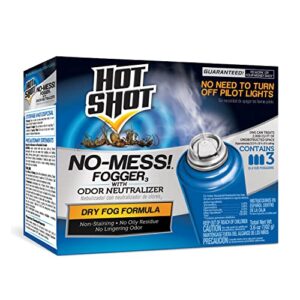 hot shot no-mess! fogger with odor neutralizer, kills hidden bugs, no need to turn off pilot lights , 3-count, 6-pack