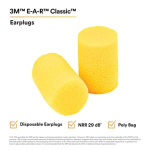 3M Ear Plugs, 200 Pairs/Box, E-A-R Classic 312-1201, Uncorded, Disposable, Foam, NRR 29, For Drilling, Grinding, Machining, Sawing, Sanding, Welding, 1 Pair/Poly Bag Yellow