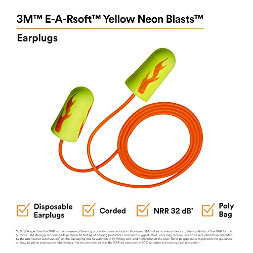 3M Ear Plugs, 200/Box, E-A-Rsoft Yellow Neon Blasts 311-1252, Corded, Disposable, Foam, NRR 33, Drilling, Grinding, Machining, Sawing, Sanding, Welding, 1/Poly Bag