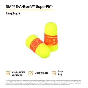 3M Ear Plugs, 200 Pairs/Box, E-A-Rsoft SuperFit 312-1256, Uncorded, Disposable, Foam, NRR 33, Drilling, Grinding, Machining, Sawing, Sanding, Welding, 1 Pair/Poly Bag,Yellow