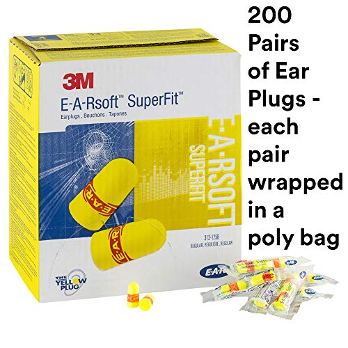 3M Ear Plugs, 200 Pairs/Box, E-A-Rsoft SuperFit 312-1256, Uncorded, Disposable, Foam, NRR 33, Drilling, Grinding, Machining, Sawing, Sanding, Welding, 1 Pair/Poly Bag,Yellow