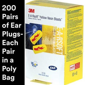 3M Ear Plugs, 200 Pairs/Box, E-A-Rsoft Yellow Neon Blasts 312-1252, Uncorded, Disposable, Foam, NRR 33, Drilling, Grinding, Machining, Sawing, Sanding, Welding, 1 Pair/Poly Bag