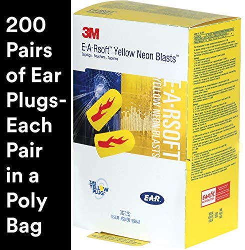 3M Ear Plugs, 200 Pairs/Box, E-A-Rsoft Yellow Neon Blasts 312-1252, Uncorded, Disposable, Foam, NRR 33, Drilling, Grinding, Machining, Sawing, Sanding, Welding, 1 Pair/Poly Bag