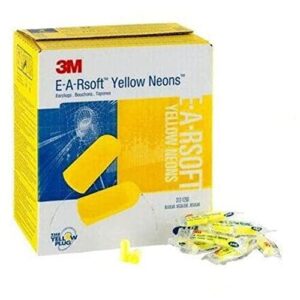 3m ear plugs, 200 pairs/box, e-a-rsoft yellow neons 312-1250, uncorded, disposable, foam, nrr 33, drilling, grinding, machining, sawing, sanding, welding, 1 pair/poly bag