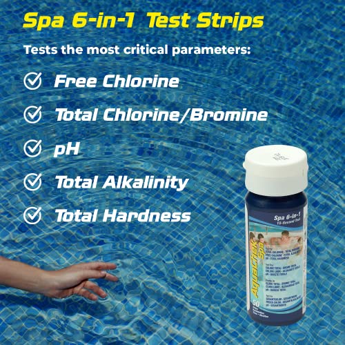 AquaChek SPA 6-in-1 Test Strips - Spa Test Strips for Total Bromine, Total Chlorine, Free Chlorine, pH, Total Alkalinity, and Total Hardness - Professional Water Quality Testing Kit (50 Strips)