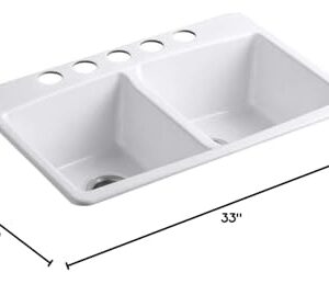 KOHLER K-5846-5U-0 Brookfield Under-Mount Double-Equal Bowl Kitchen Sink with 5 Oversized Faucet Holes, White