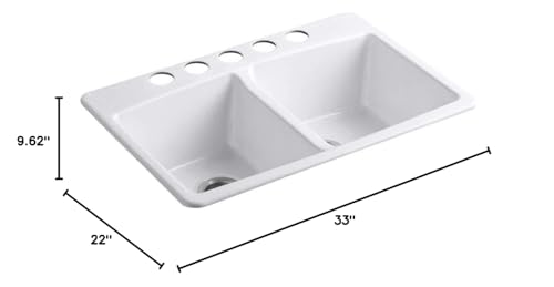 KOHLER K-5846-5U-0 Brookfield Under-Mount Double-Equal Bowl Kitchen Sink with 5 Oversized Faucet Holes, White