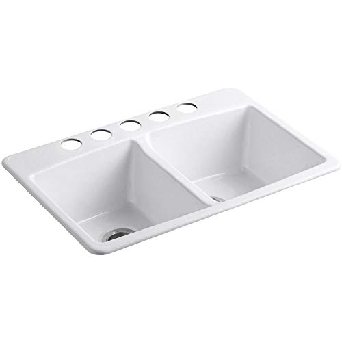 KOHLER K-5846-5U-0 Brookfield Under-Mount Double-Equal Bowl Kitchen Sink with 5 Oversized Faucet Holes, White