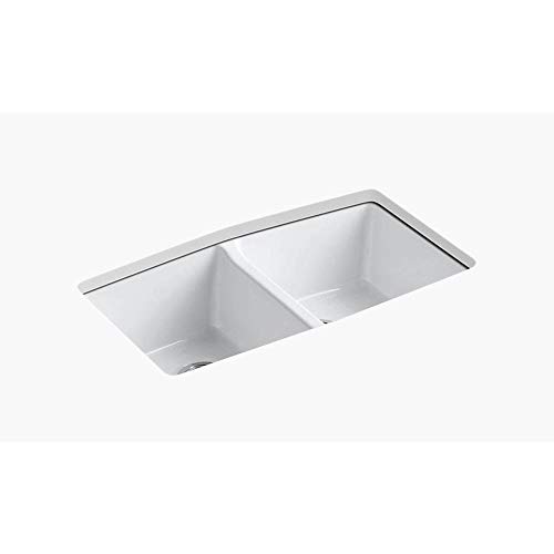 KOHLER K-5846-5U-0 Brookfield Under-Mount Double-Equal Bowl Kitchen Sink with 5 Oversized Faucet Holes, White