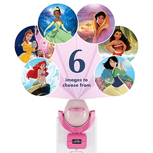 Projectables Disney Princess LED Kids Night Light, Projector, Plug-In, Dusk-to-Dawn Sensor, Belle, Jasmine, Ariel, Moana, Tiana & Mulan, Pink, 11738