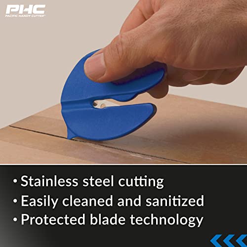 Pacific Handy Cutter BC347 Bag Cutter, Box of 12, Easily Cuts Plastic Bags, Plastic Wrap, Paper, and Tape, Safely-Concealed Stainless Steel Blade, Safe for Food Service, Blue