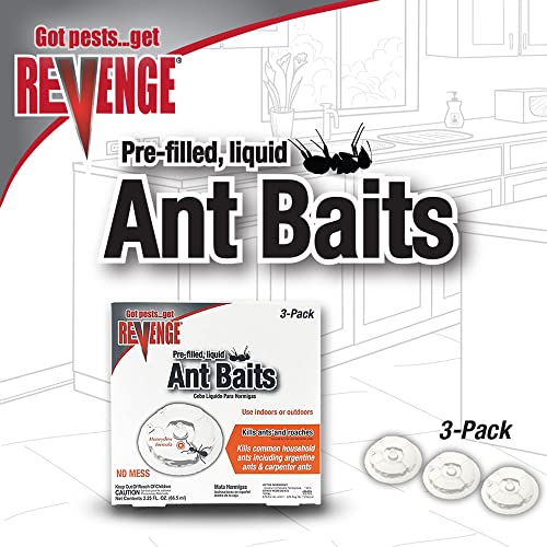 REVENGE Pack of 3 Liquid Ant Bait Stations, Ready-to-Use Indoors & Outdoors, Kills Ants & Roaches, No Mess Trap