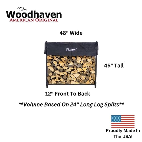 Woodhaven Pioneer 4' Firewood Rack with Cover - Black - Steel Outdoor Log Holder With Cover - Made In The USA - Powder Coat Finish