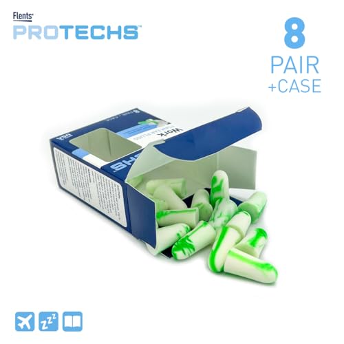 Flents Protechs Reusable Work Ear Plugs, Ideal for Construction Offering Protection From Loud Environments, 8 Pairs with Travel Size Case, Easy Use Comfort Fit, NRR 33, Green, Made In The USA