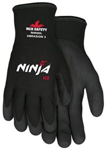 mcr safety n9690s ninja ice 15 gauge black nylon cold weather glove, acrylic terry inner, hpt palm and fingertips, small, 1 pair